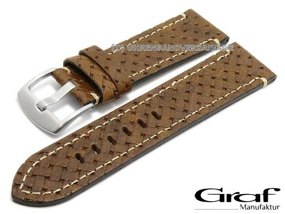 Watch strap Everest 22mm dark brown leather plaited-look solid buckle ...