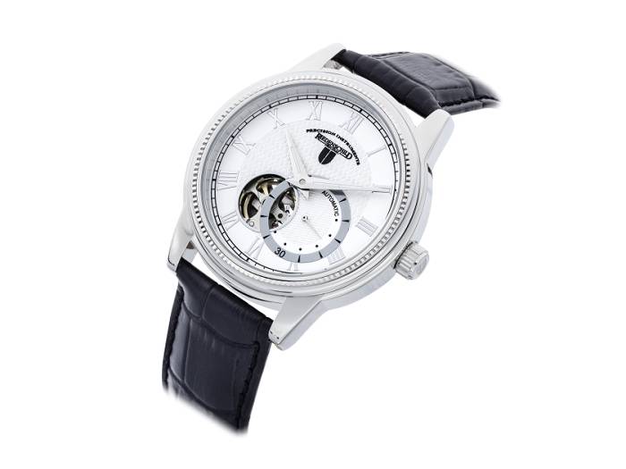 Automatic watch stainless steel silver face white open balance wheel ...