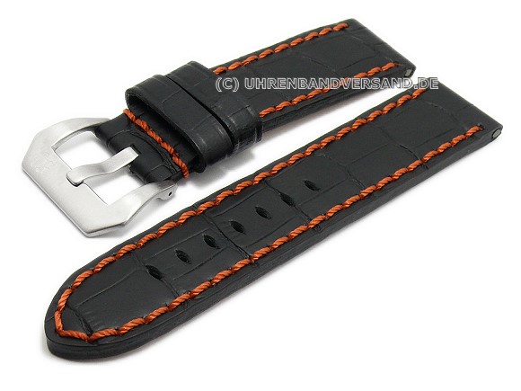 Watch strap Rugged 22mm black leather alligator grain orange stitching