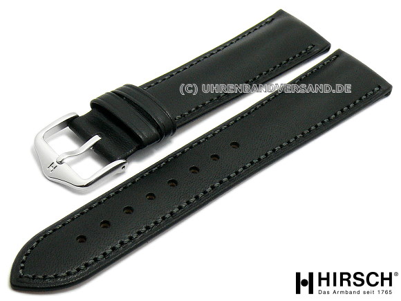 Watch strap Kent 18mm black leather smooth grey stitching by HIRSCH