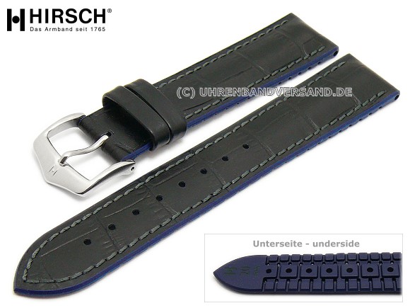 Watch strap Andy 18mm black leather/caoutchouc alligator grain blue ...